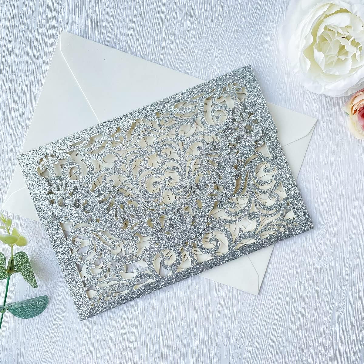 Personalized Silver Glitter Flora Laser Cut Wedding invitation Pocket ...