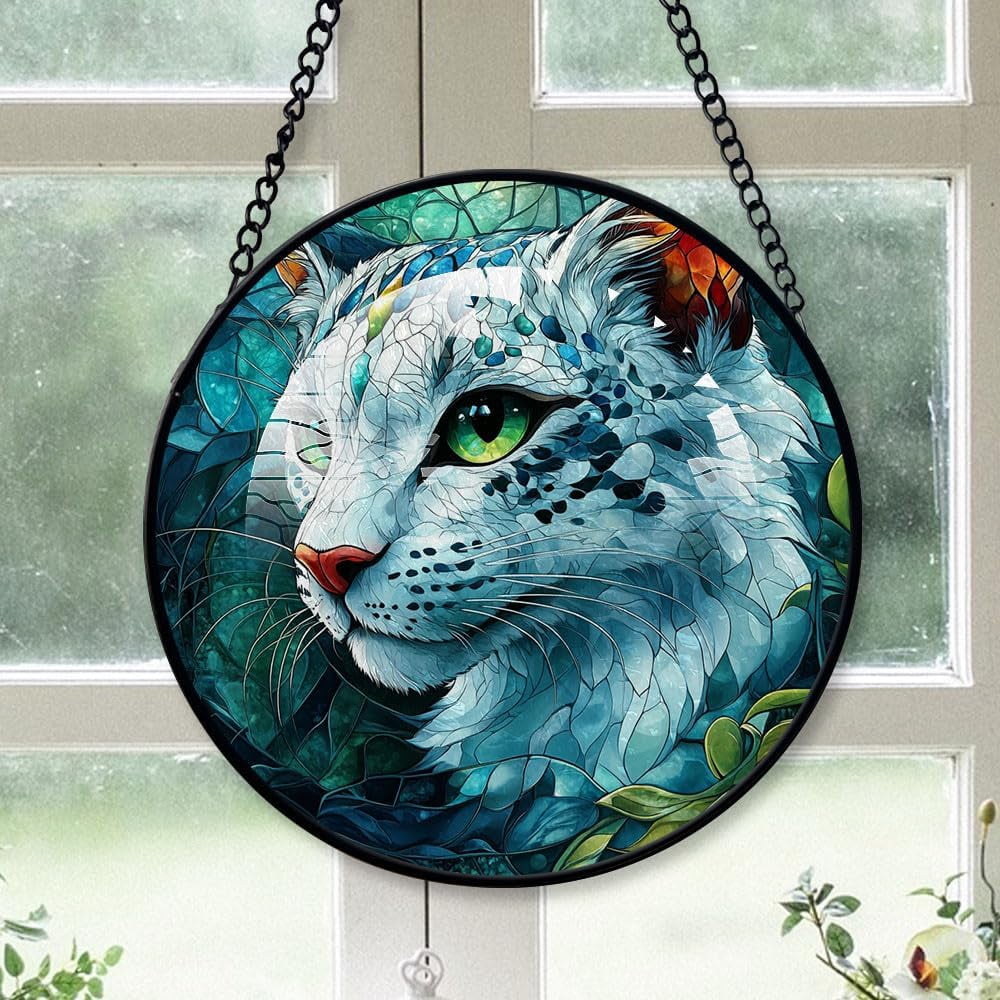 Personalized Snow Leopard Suncatcher Stained Glass, Snow Leopard ...