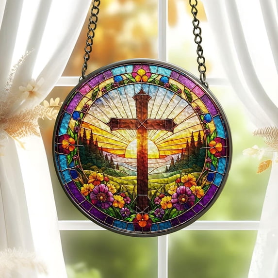 Personalized Stained Glass Cross Suncatcher, Christian Window Hanging ...