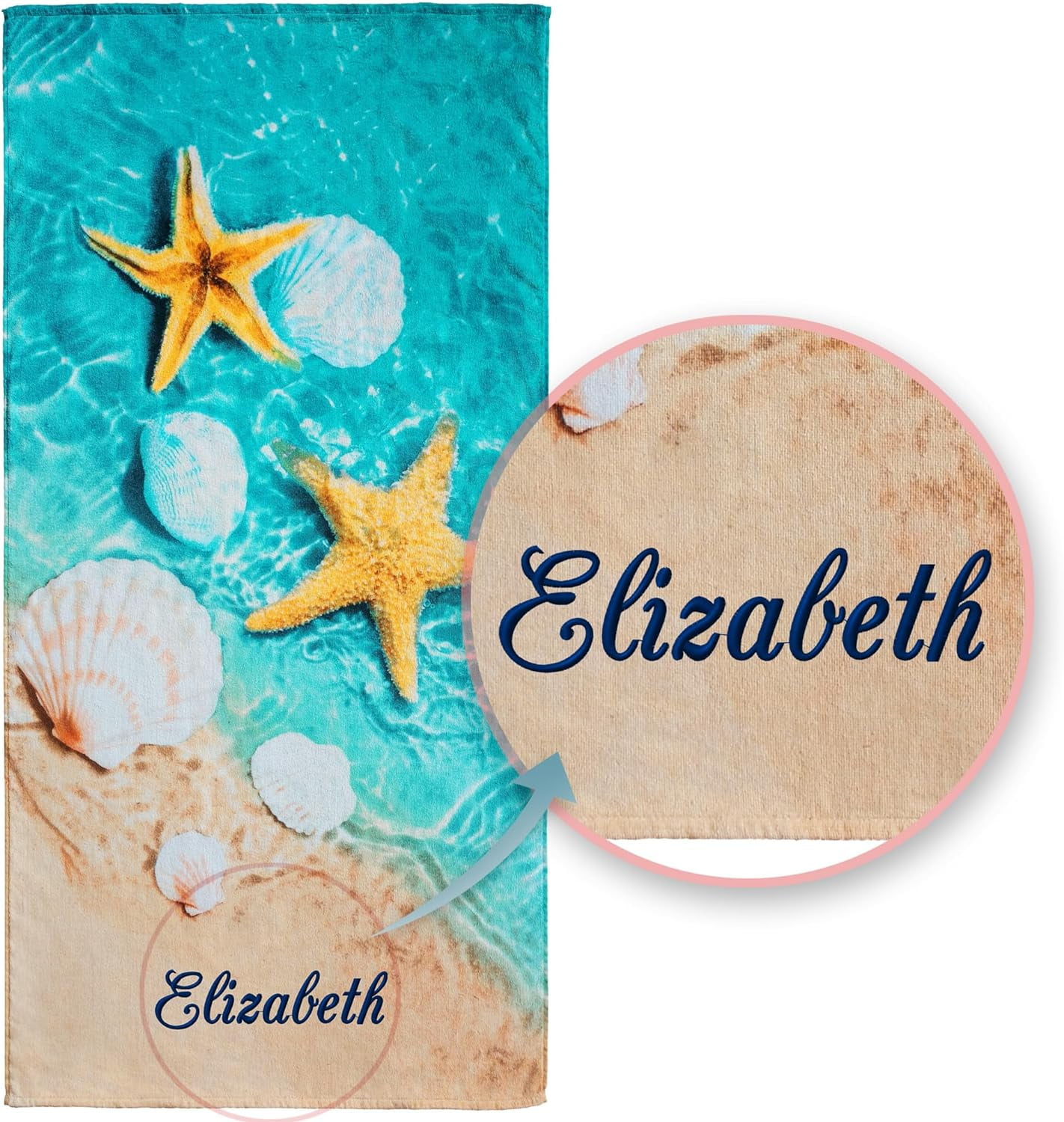 Personalized Starfish & Seashells Beach Towel 30 x 60 inch Velour Terry ...
