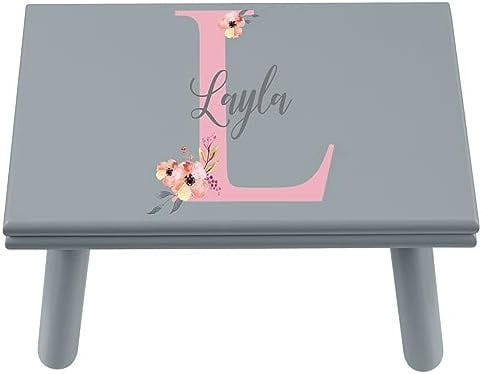 Personalized Step Stool- Name and Initial- Wood- Floral Design- Gray ...