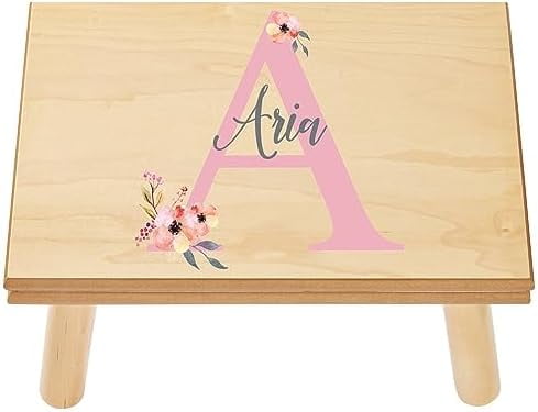 Personalized Step Stool-Name and Initial- Wood- Floral Design- Natural ...