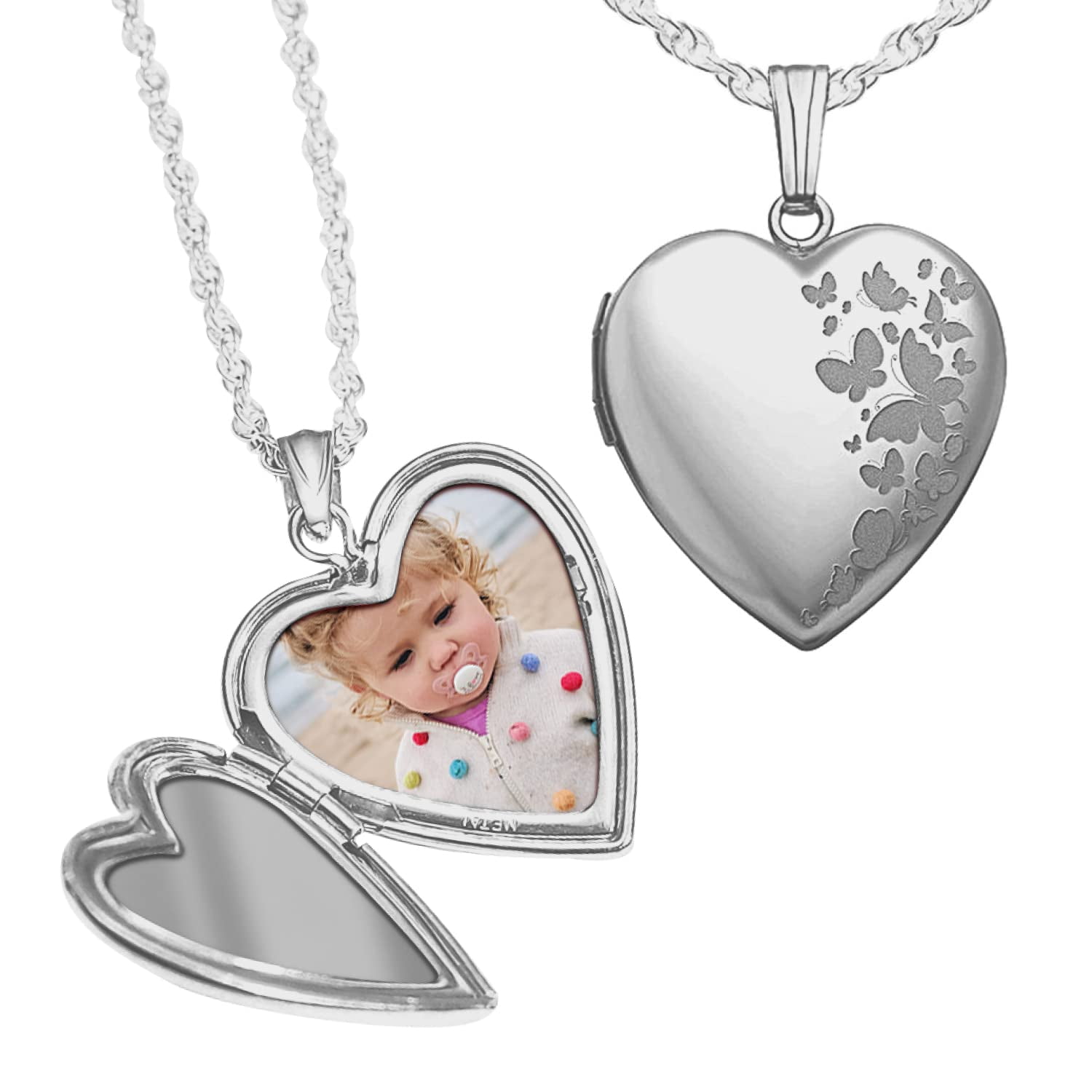 Personalized Sterling Silver Butterflies Heart Photo Locket Necklace ...