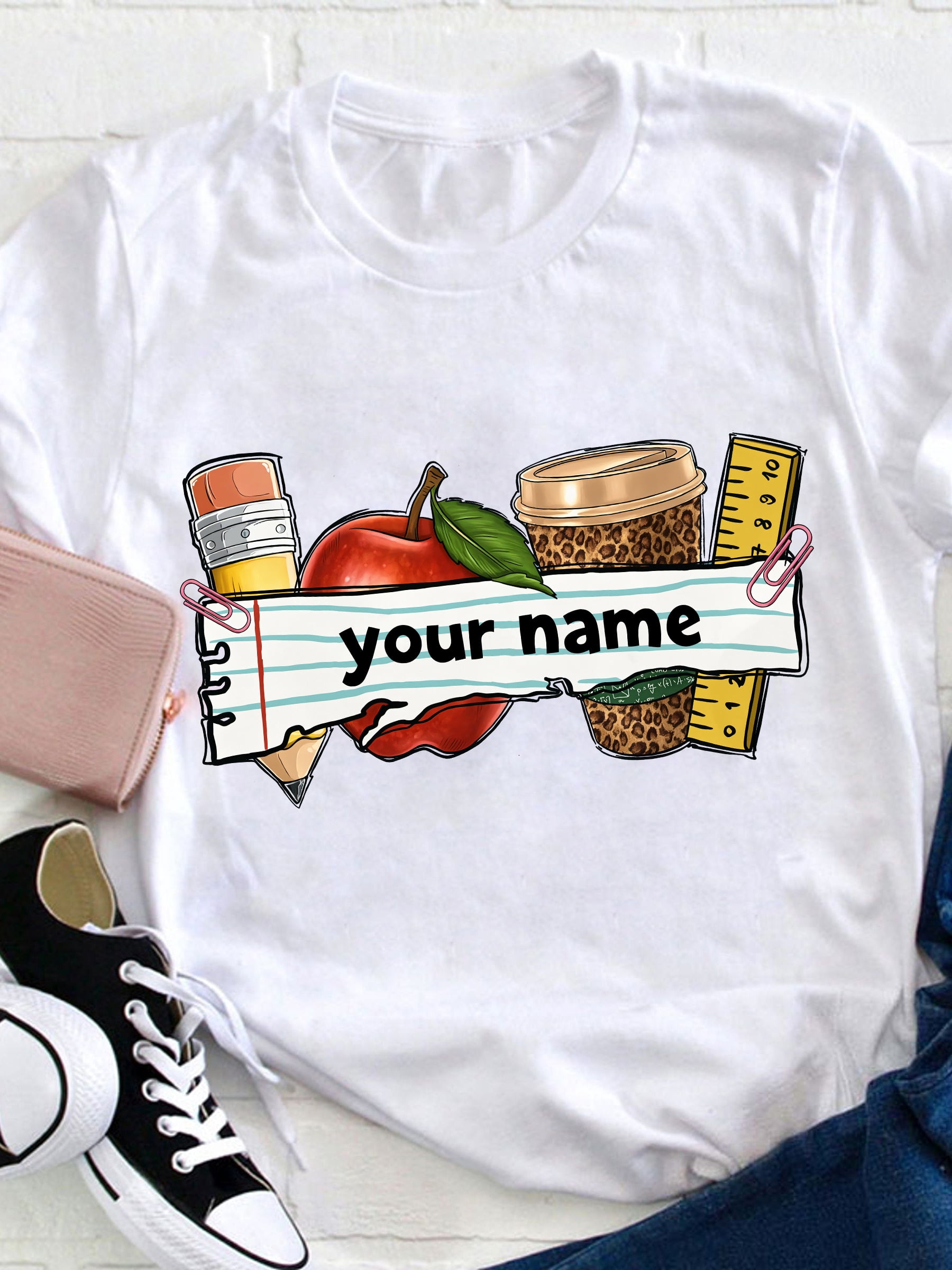 Personalized Teacher Graphic T‑Shirt for Women, Pencil Apple Coffee ...