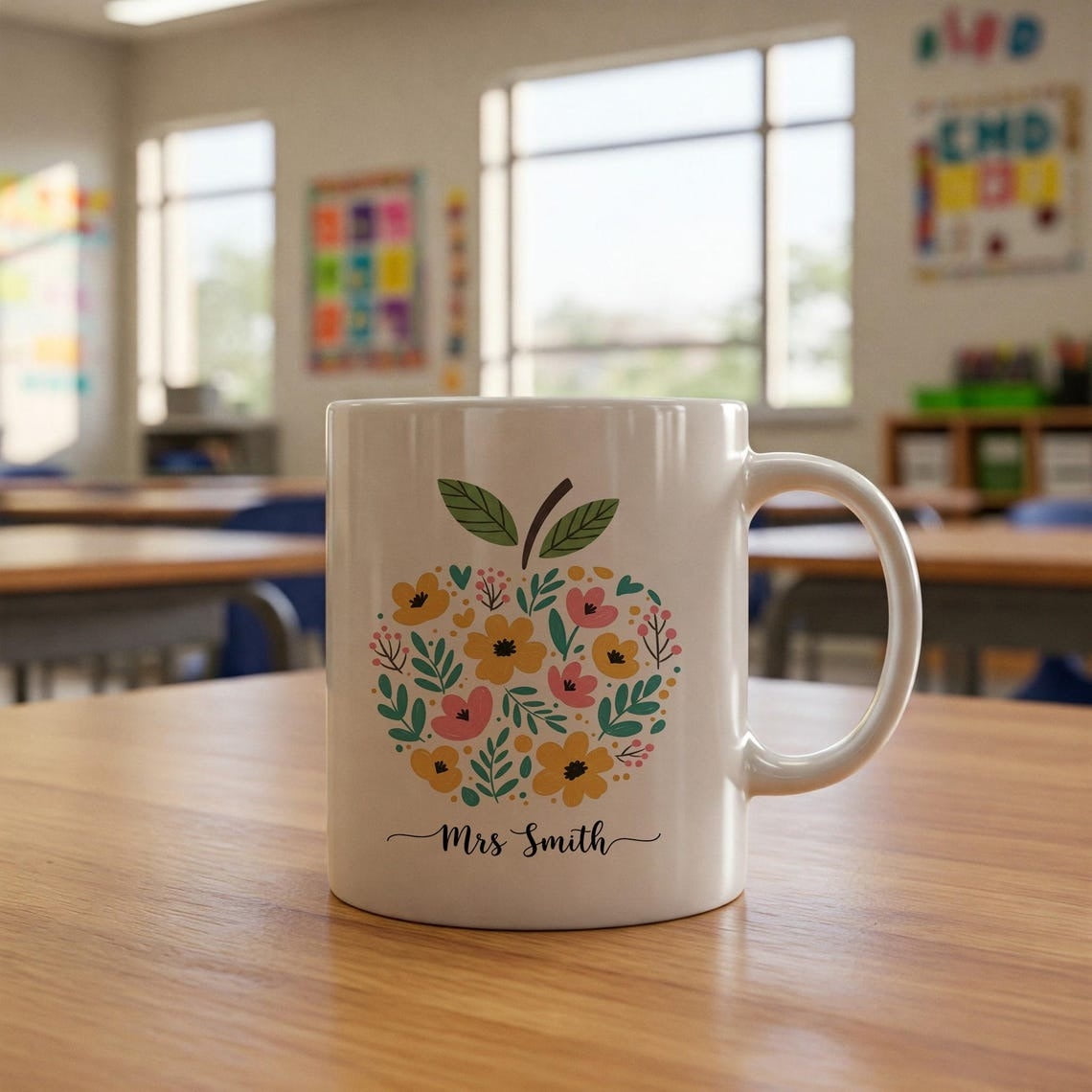 Personalized Teacher Mug, Floral Apple Mug, Custom Teacher Gift ...