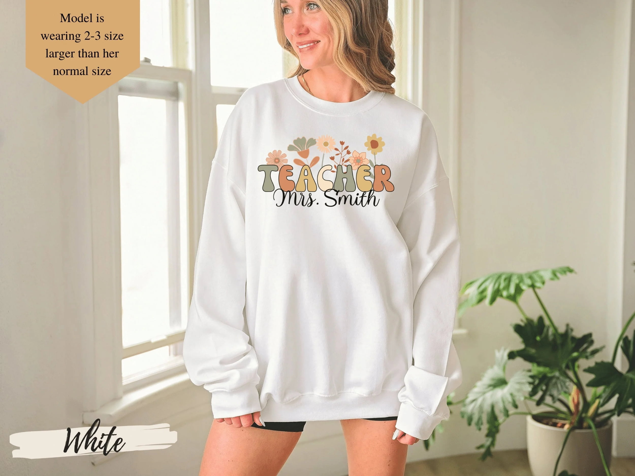 Personalized Teacher Sweatshirt Groovy Retro Wildflowers Teacher