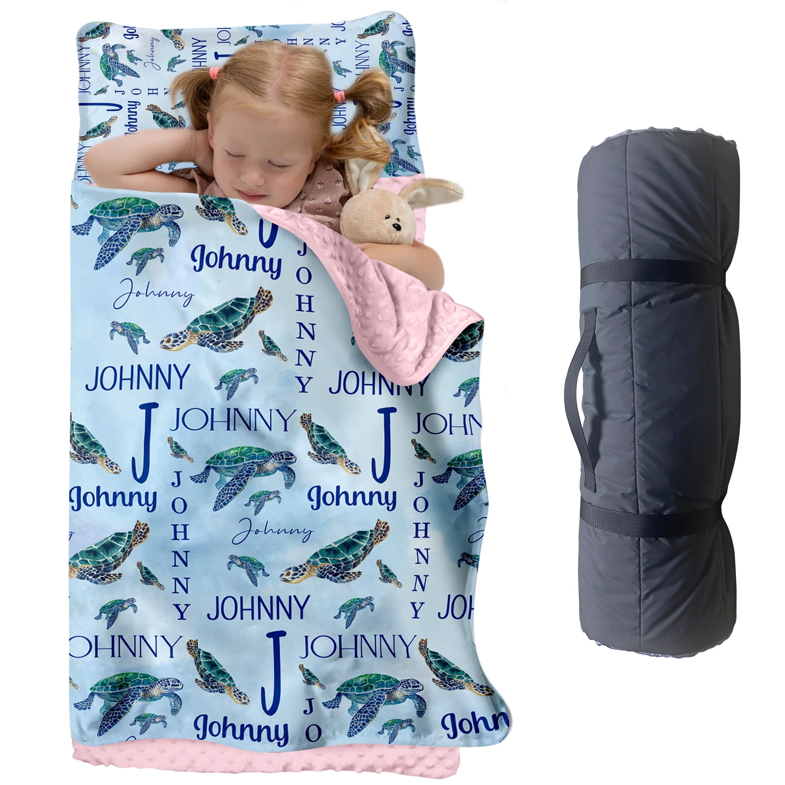 Personalized Toddler Nap Mat, Sea Turtle Blue Sleeping Bag Blanket for ...