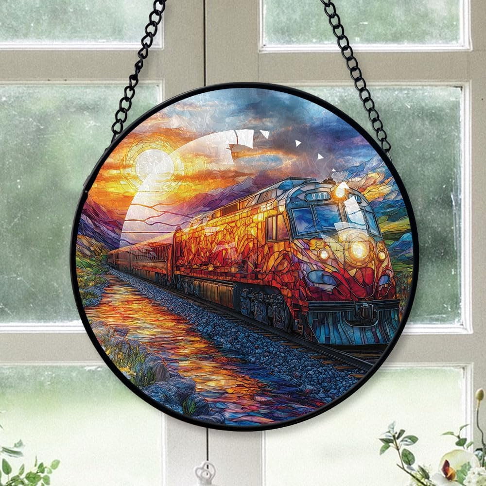 Personalized Train Stained Glass Suncatcher Artistic Window Hanging, Train Hand-Painted Glass ...