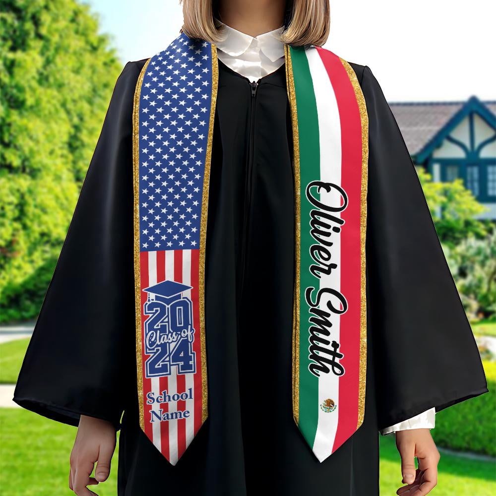 Personalized Two Flag Graduation Stoles, Double Nation Graduation Sash ...