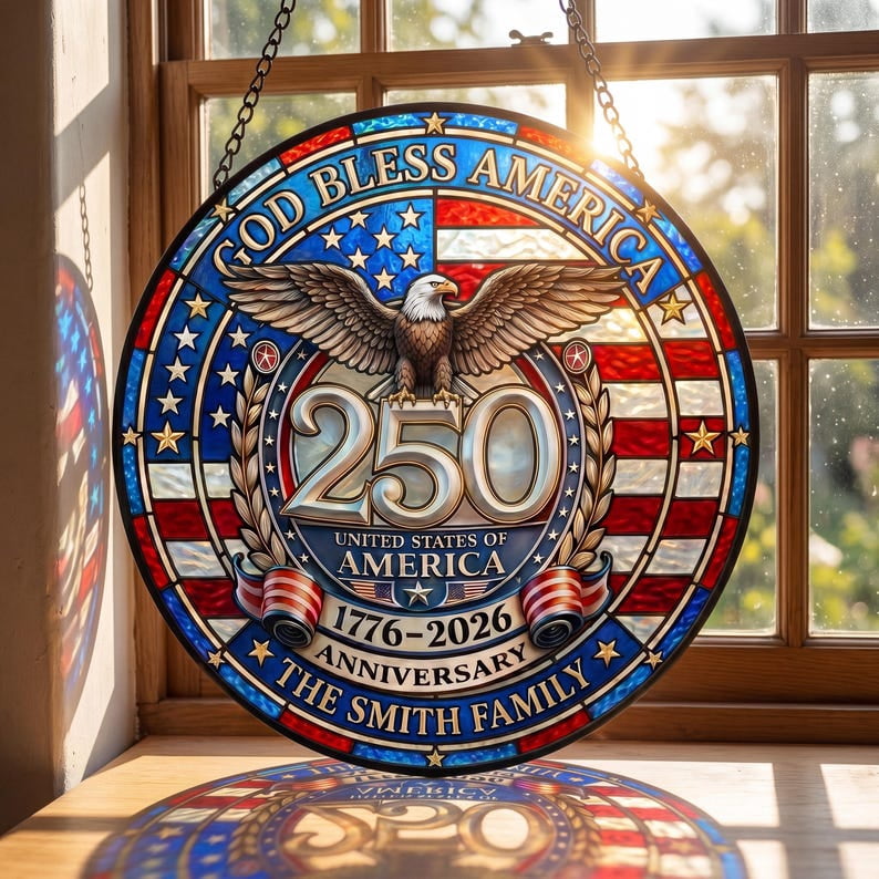 Personalized USA 250th Anniversary Suncatcher, Custom Family Name ...