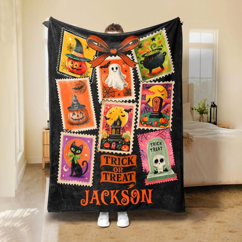 Personalized Vintage Halloween Cat Ghost Velveteen Fleece Blanket ...