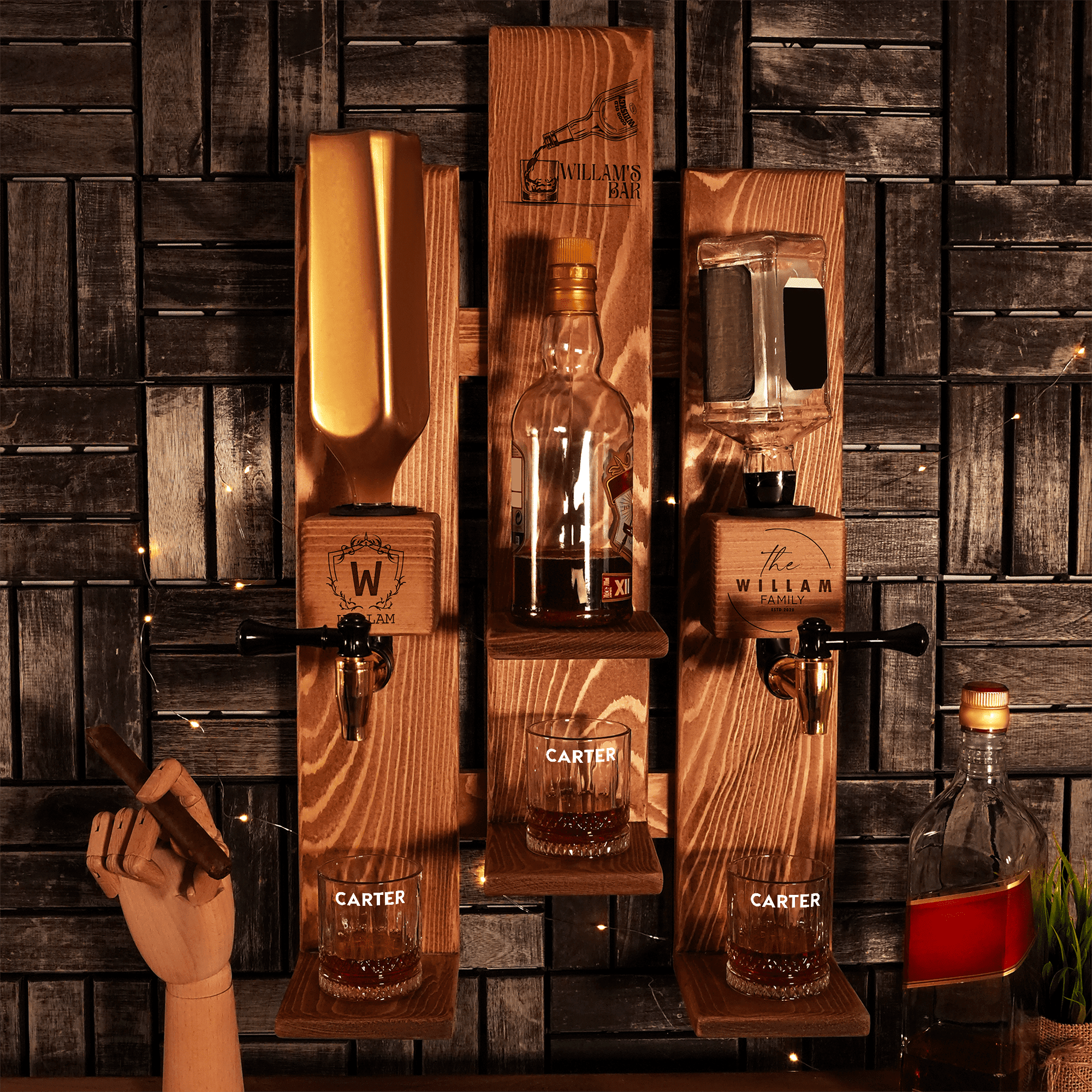 Personalized Wall-Mounted Dual Tap with Shelf and 3 Glasses Whiskey ...