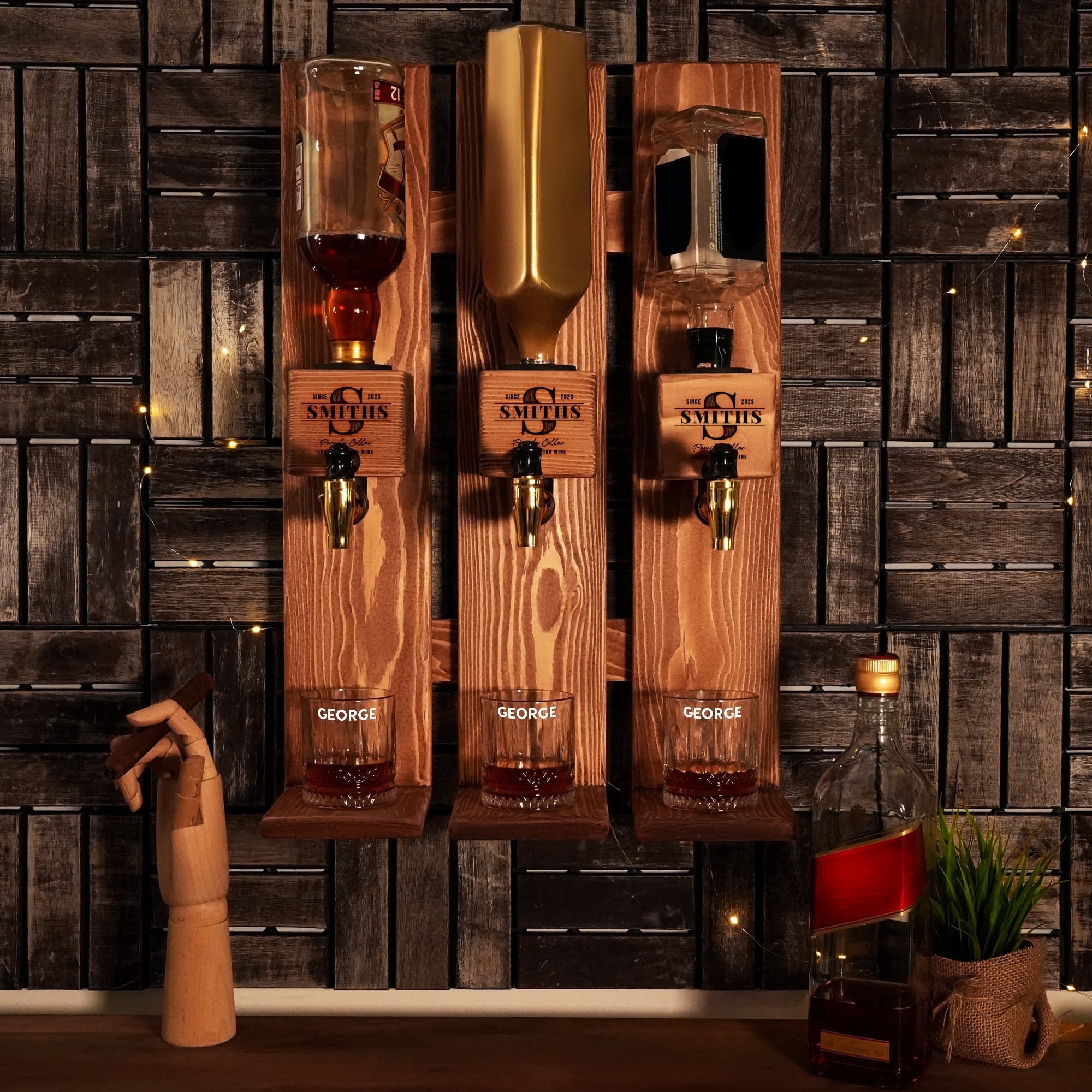 Personalized Wall-Mounted Triple Tap Whiskey Dispenser – Handmade Pine ...