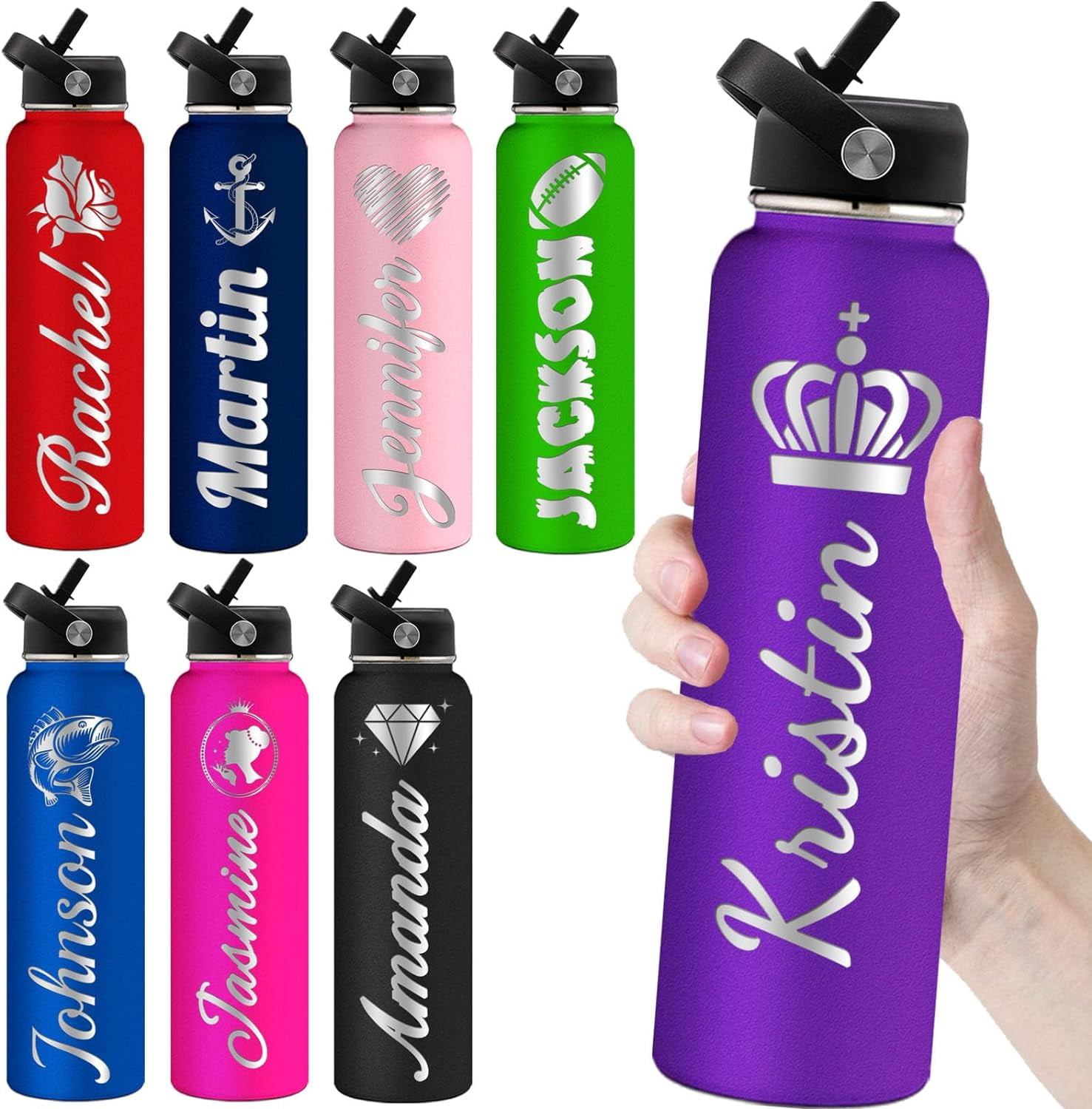 Personalized Water Bottles With Straw 24Oz Custom Engraved Water Bottle For School Customized ...