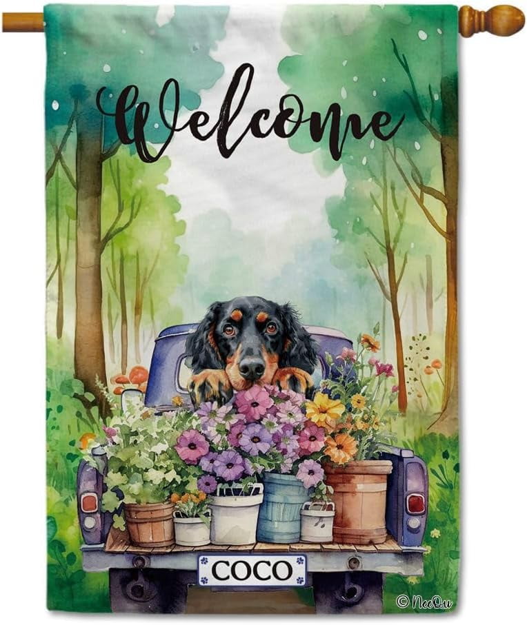 Personalized Welcome House Flag Cute Goldendoodle in Truck with Flowers ...