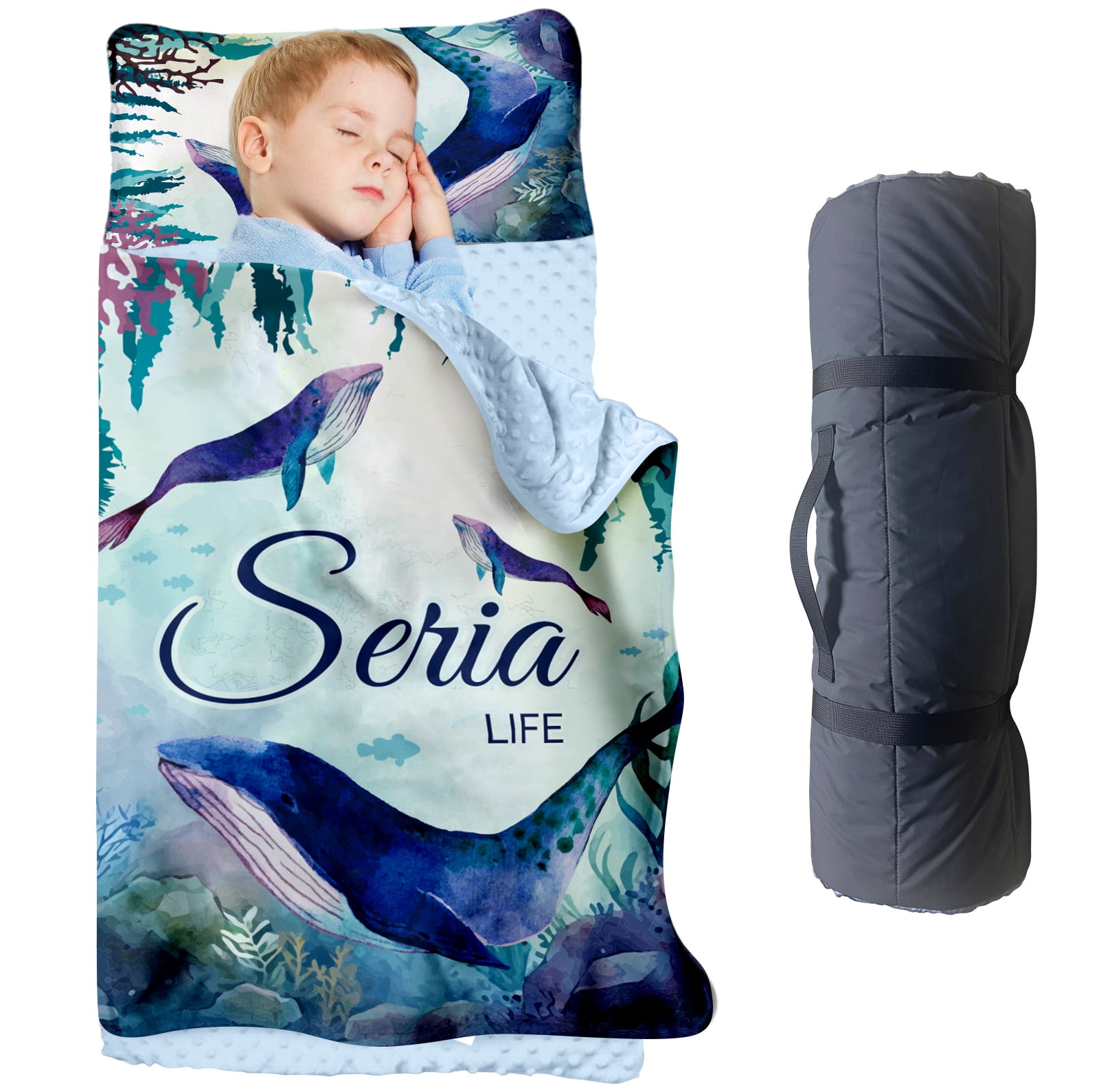Personalized Whale Toddler Nap Mat - Custom Name Ocean Life Slumber Bag ...