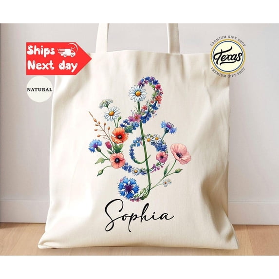 Personalized Wildflowers Treble Clef Canvas Tote Bag, Custom Musician ...