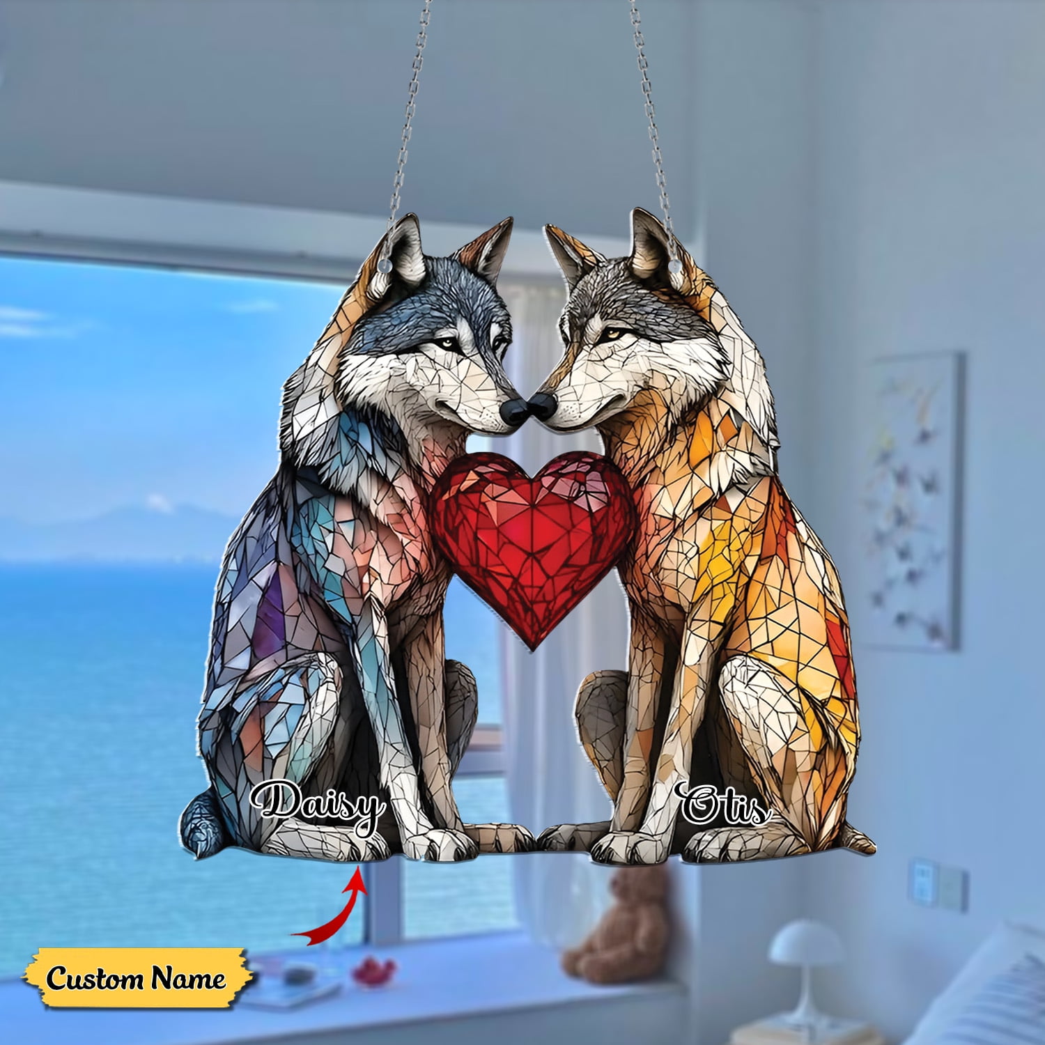 Personalized Wolf Couple Window Hanging Decor, Custom Name Love Wolves ...