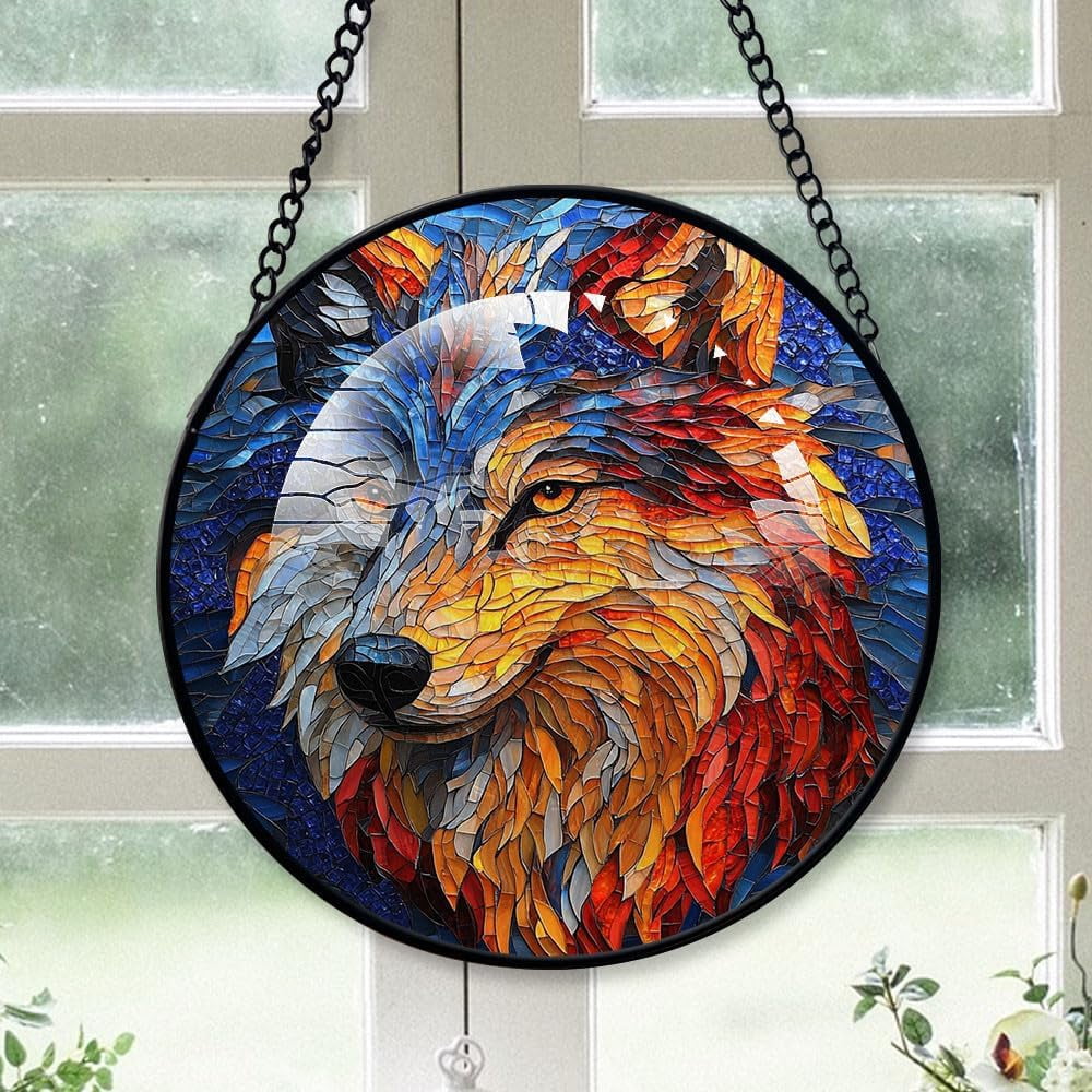 Personalized Wolf Suncatcher Stained Glass, Wolf Stained Glass Window ...