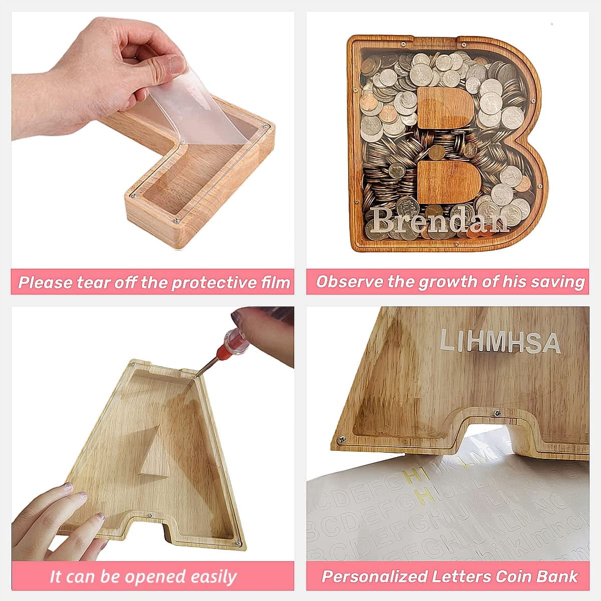 Personalized Wooden Alphabet Piggy Bank For Kids - Custom Name Coin ...