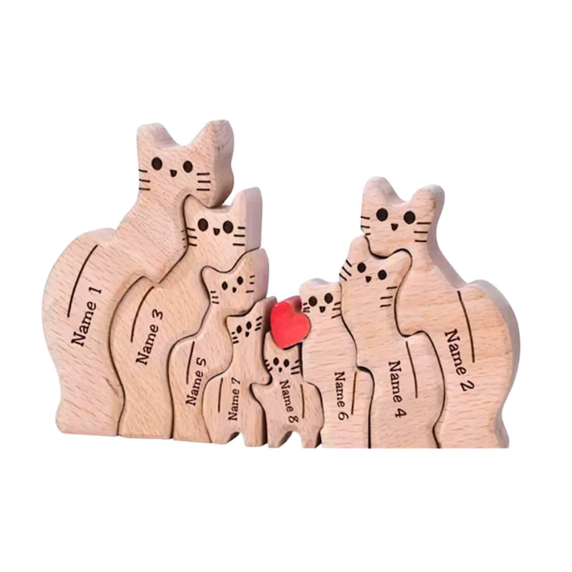 Personalized Wooden Cat Family Puzzle, Custom Name Figurines Home Decor ...