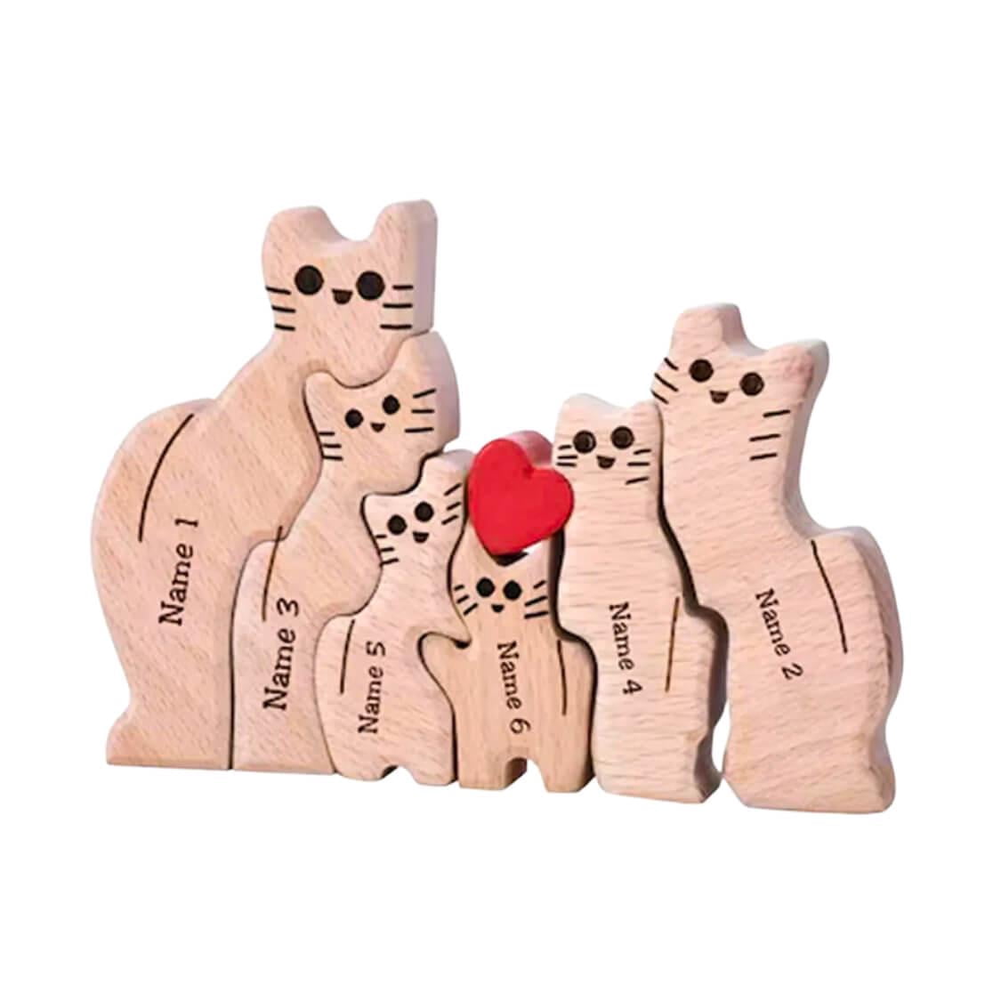 Personalized Wooden Cat Family Puzzle, Custom Name Figurines Home Decor ...