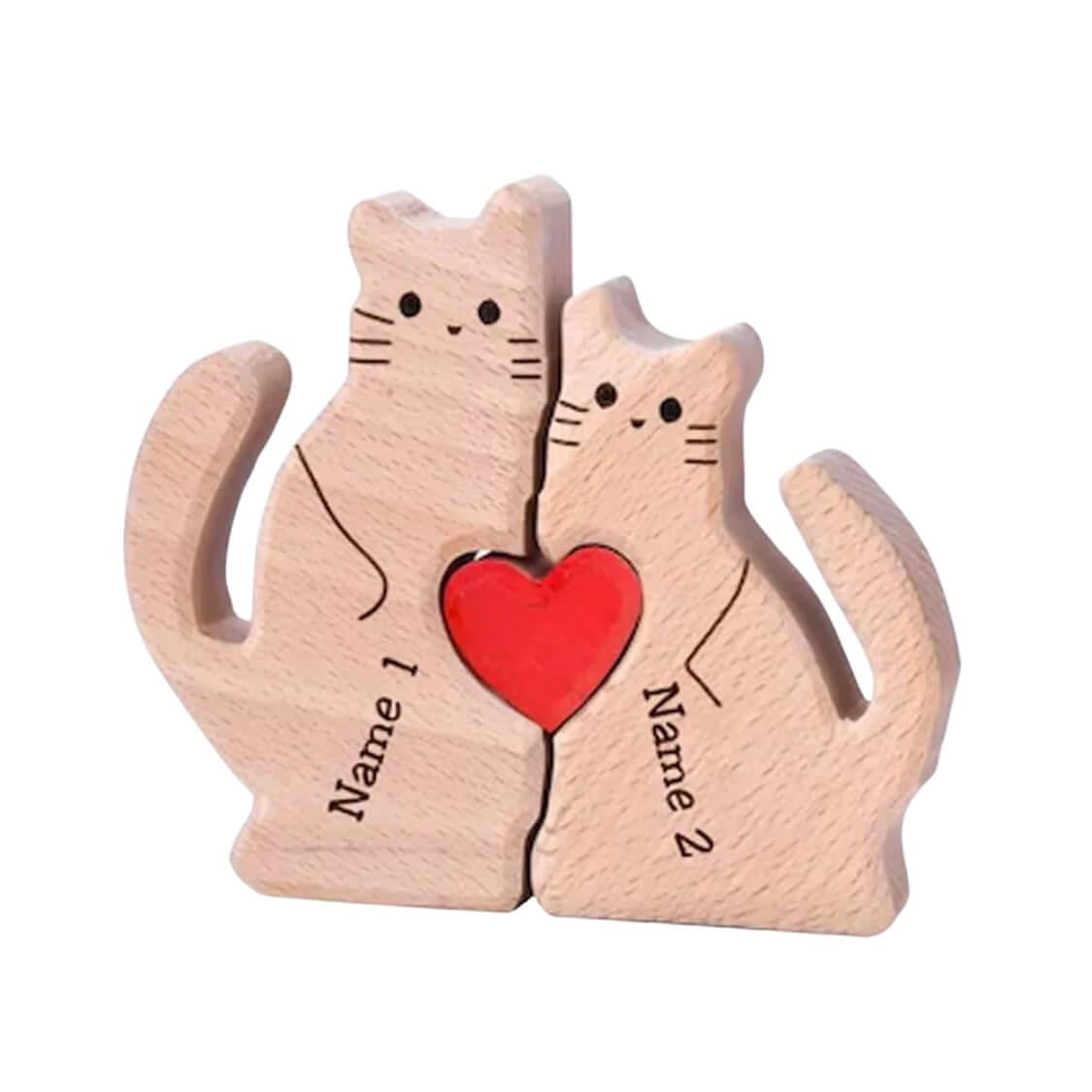 Personalized Wooden Cat Family Puzzle, Custom Name Figurines Home Decor ...