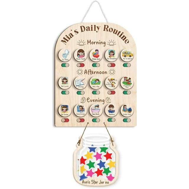 Personalized Wooden Daily Routine Chart with Stars Reward Jar, Visual ...