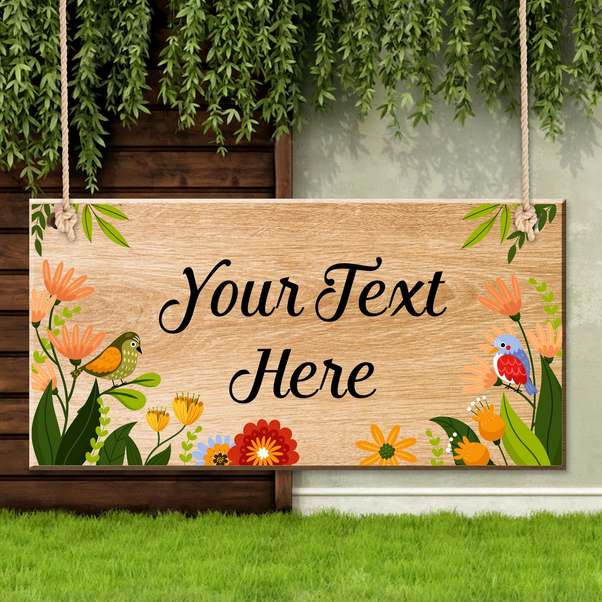 Personalized Wooden Hanging Garden Sign, UV Printed Robins & Flowers ...