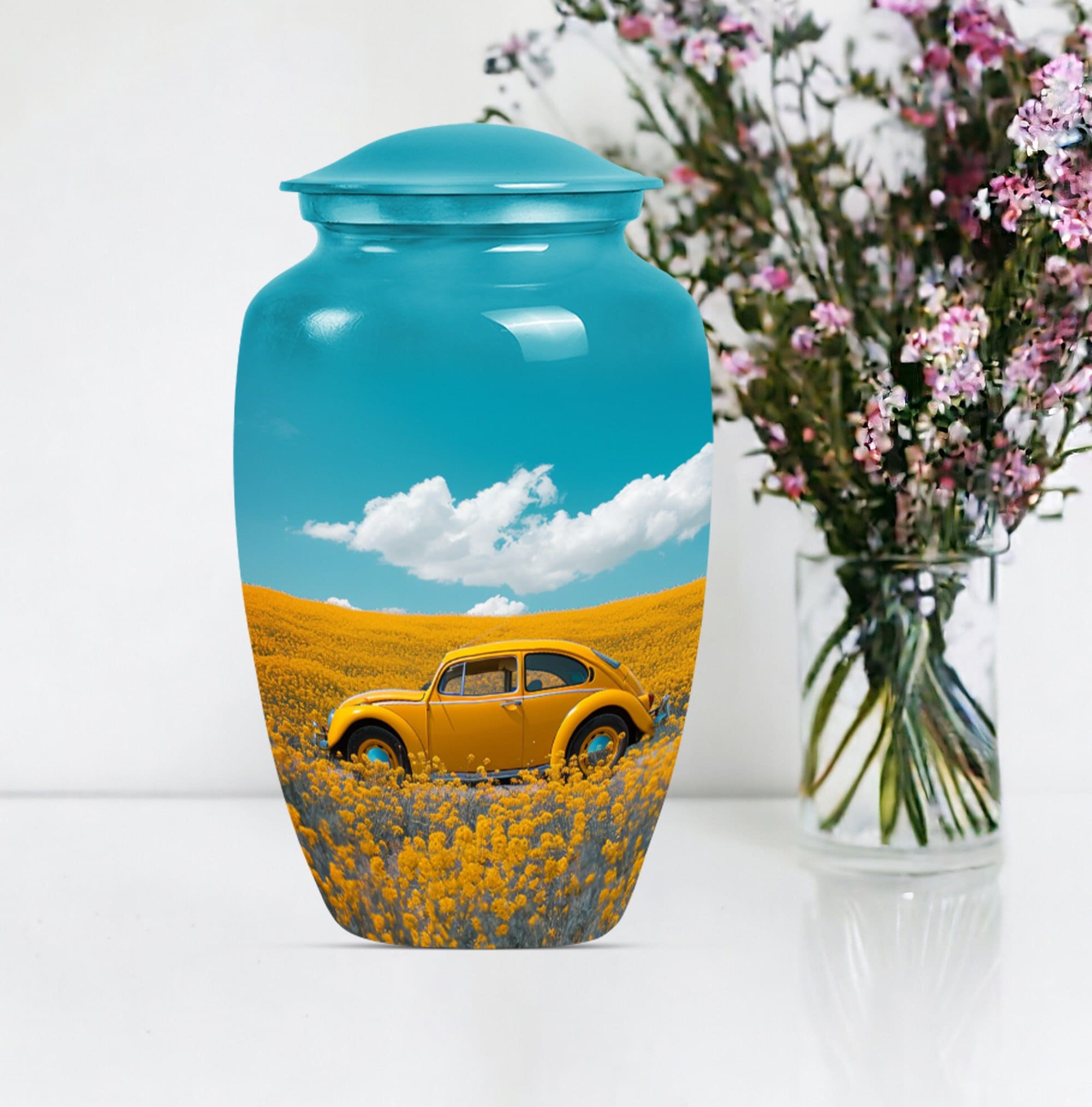 Personalized Yellow Beetle Car Cremation Urn with Artistic Field Design ...