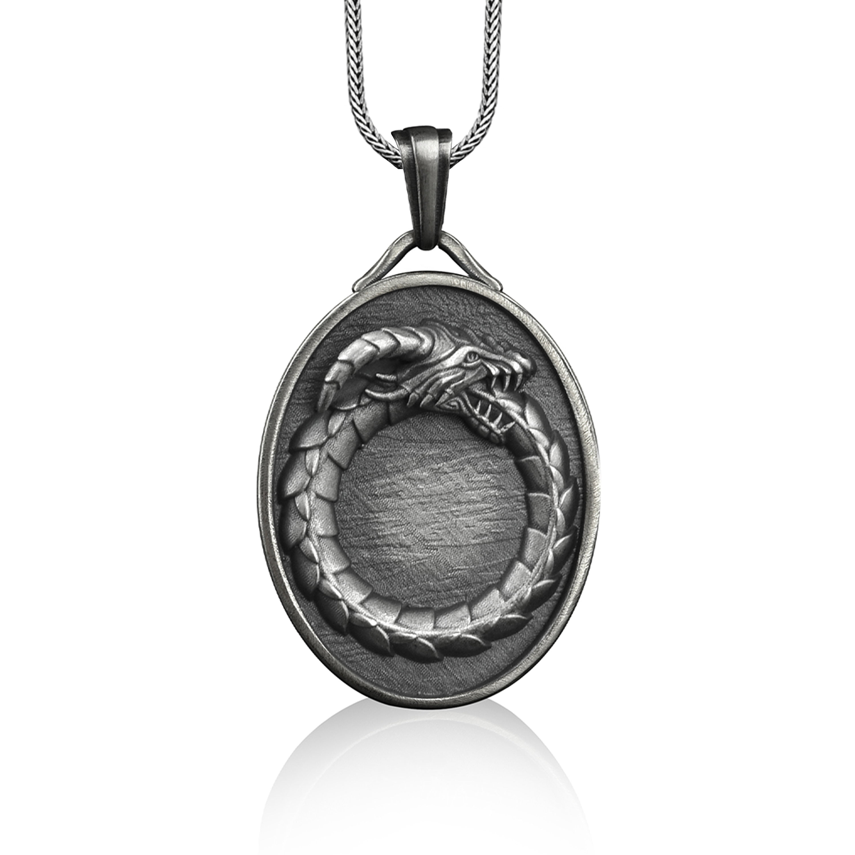 Personalized oval ouroboros pendant in silver, Custom name ouroboros ...