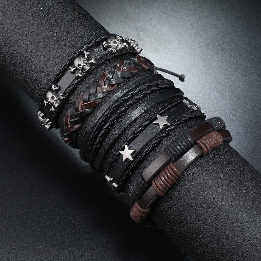 Personalized woven multi-layer leather bracelet, 5-piece set of men's ...