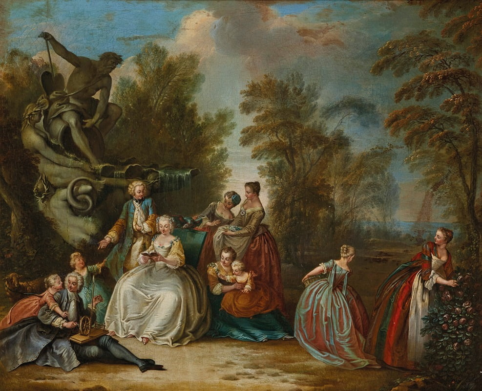 Personnages autour d’une fontaine lisant et filant Poster Print by Sébastien Jacques Leclerc (18 ...