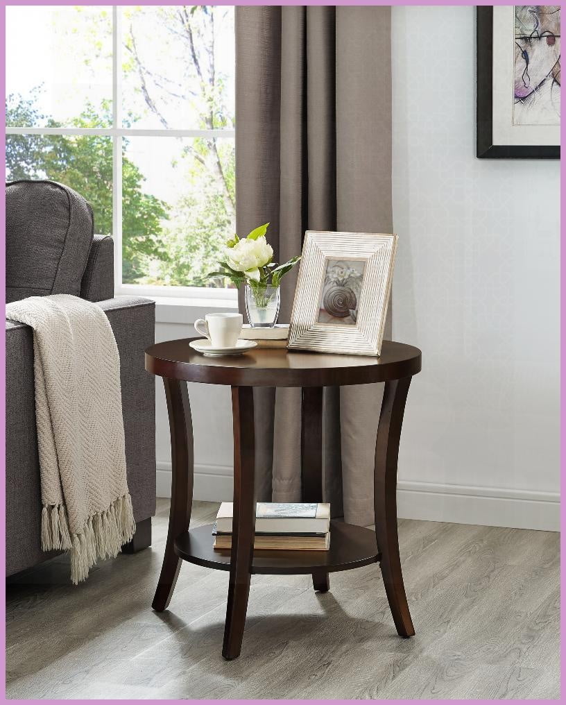 Perth Espresso Coffee Table with Round Birch Wood Veneer Top & Extra ...