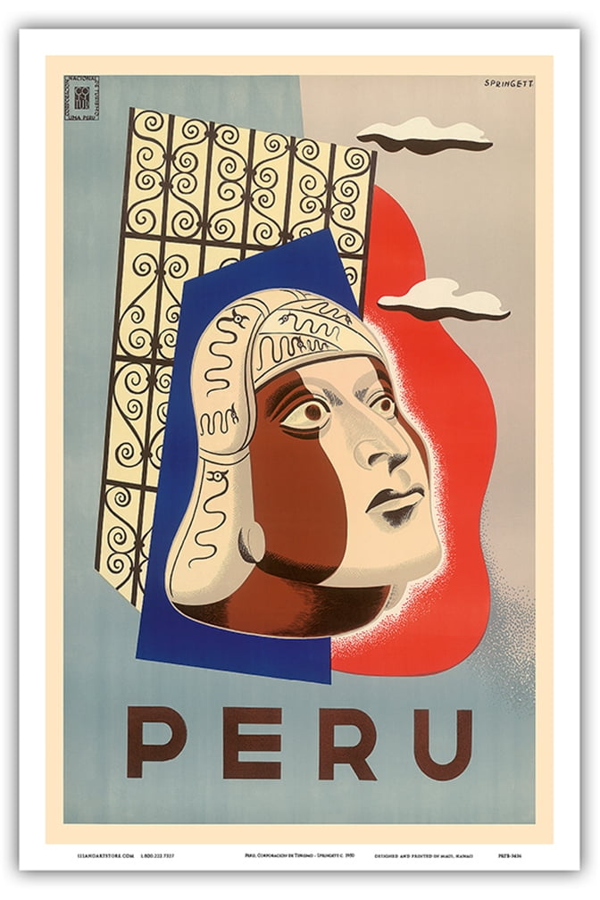 Peru - Head of Inca Native - Vintage Travel Poster by Springett c. 1950 ...