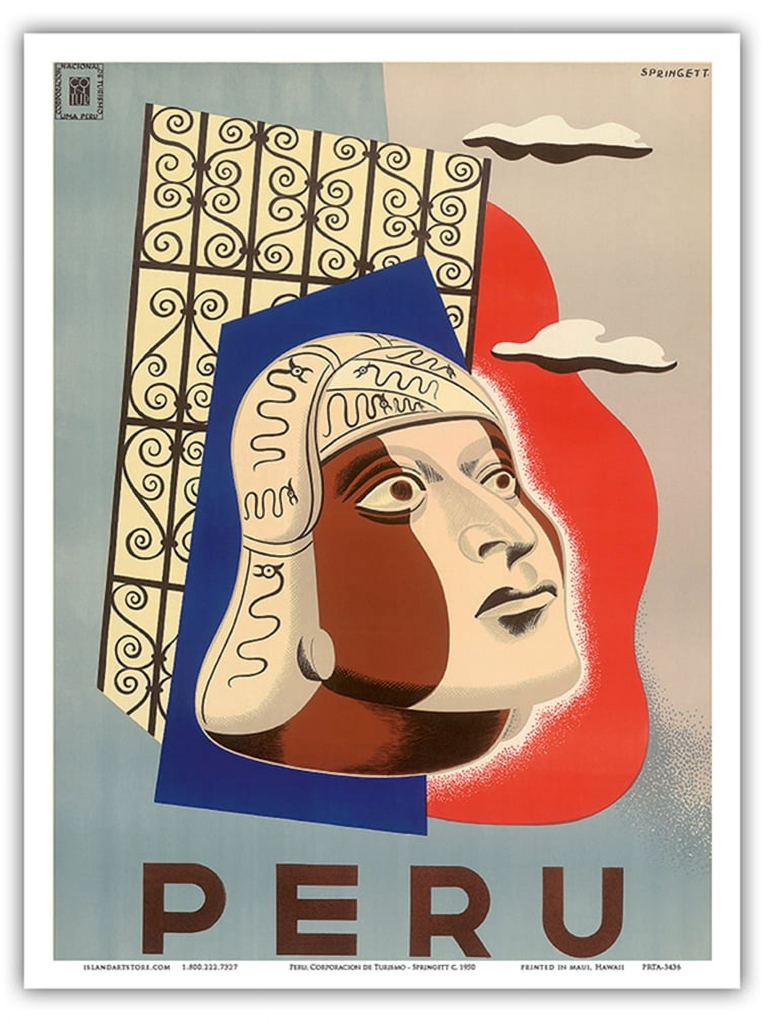 Peru - Head of Inca Native - Vintage Travel Poster by Springett c. 1950 ...