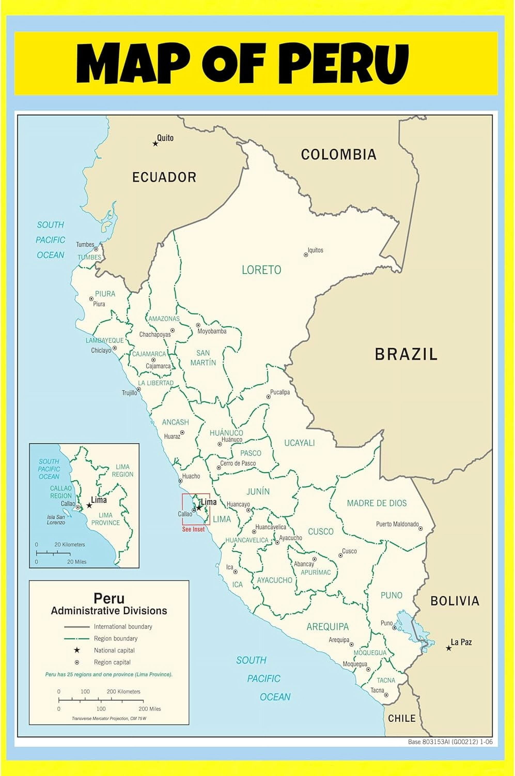 Peru Map Poster - Laminated Wall Map - 24x36 - Ideal for Classrooms and Homes – Features Bright ...