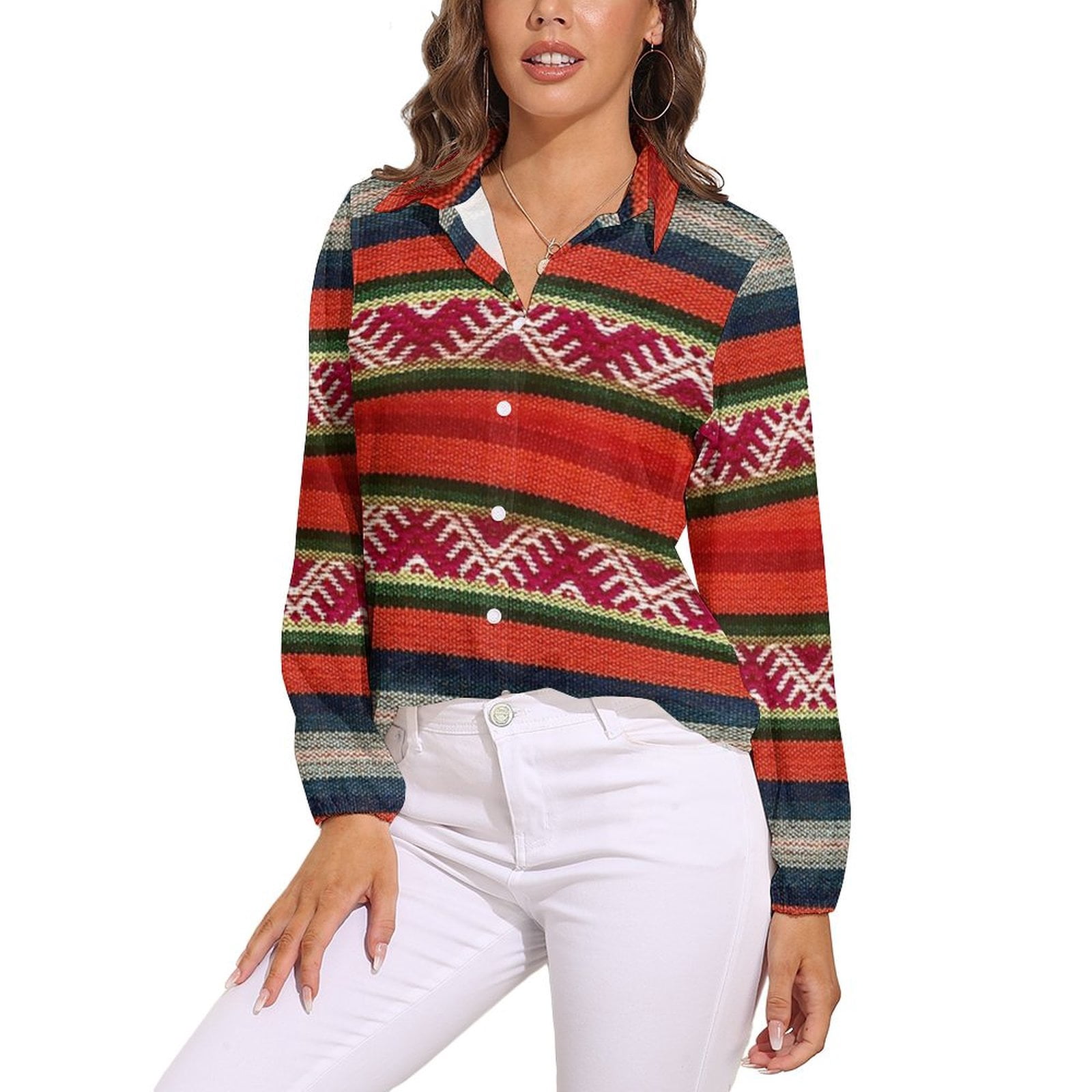 Peruvian Textile Pattern Long Sleeve Blouse Woman Streetwear Casual ...