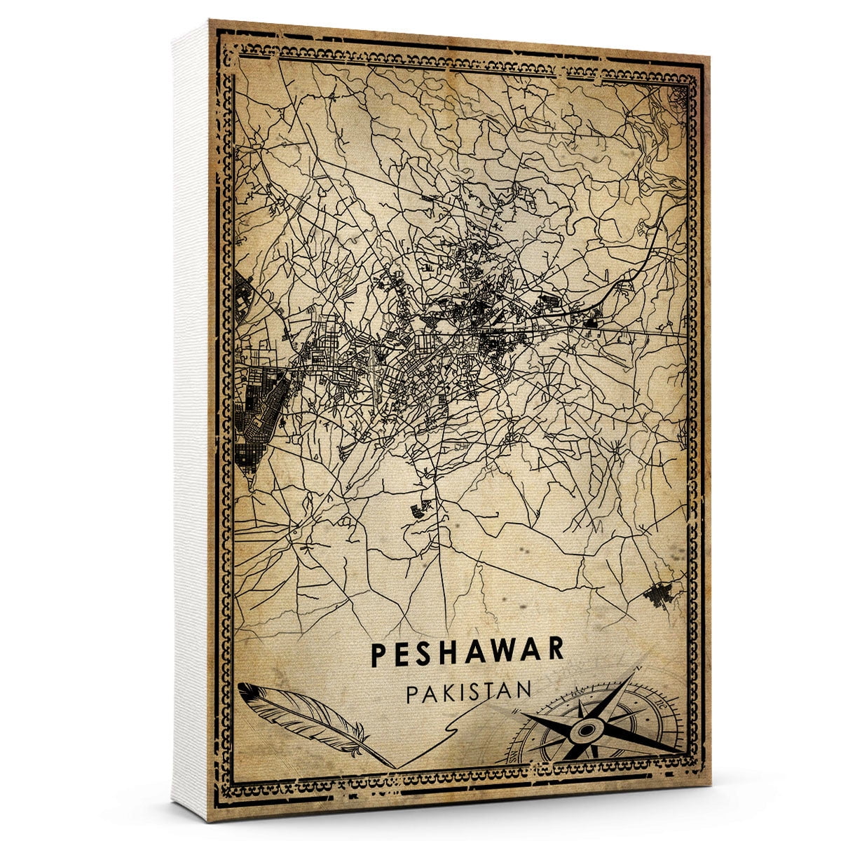 Peshawar Vintage Map Prints Canvas, Pakistan Map Art Canvas, Canvas, Peshawar Map City style ...