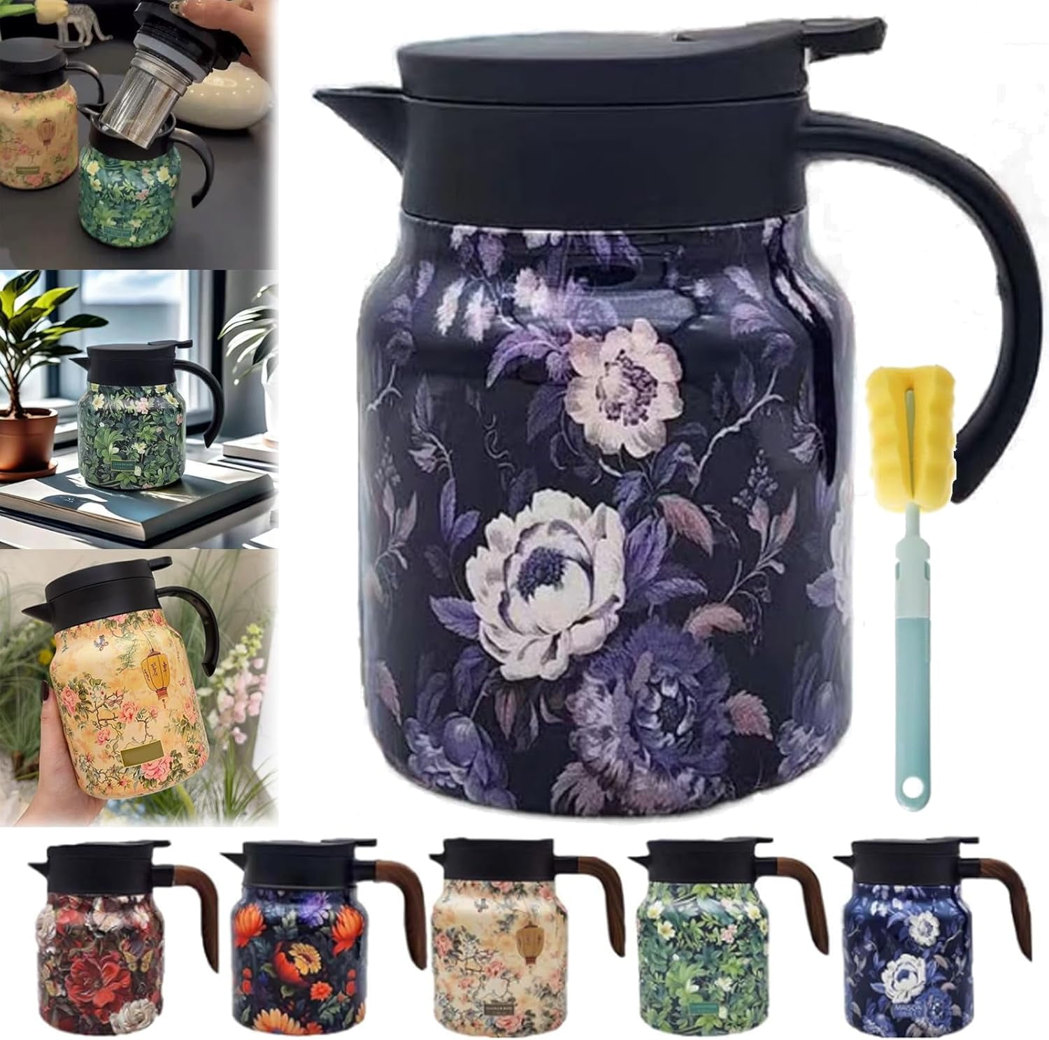 Peshoriadm Teapot, Vintage Floral Pattern Tea Built-In Infuser, 1000ml ...