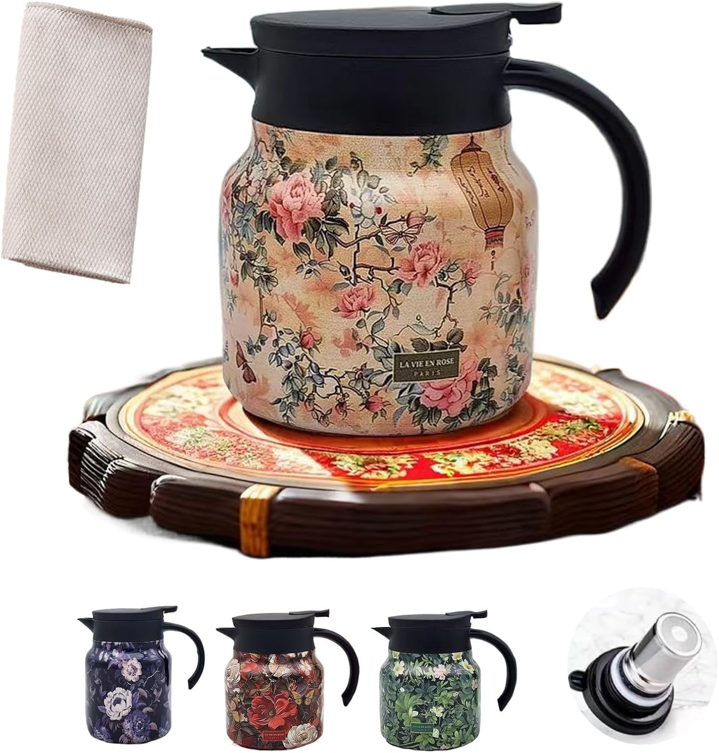 Peshoriadm Teapot,Vintage Floral Pattern Tea Thermos – Built-In Infuser ...