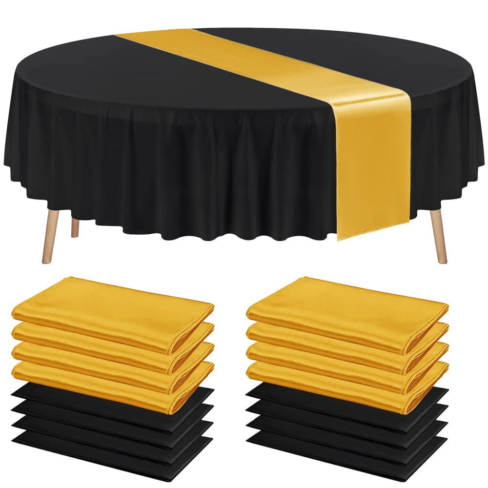 Pesonlook 16pc Disposable Black Plastic Tablecloth & Satin Gold Table ...