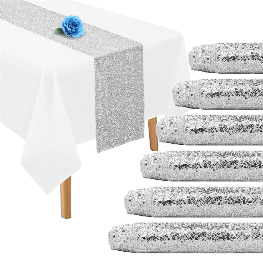 Pesonlook 6 Packs Silver Glitter Sequin Table Runner 12 x 108 inch ...
