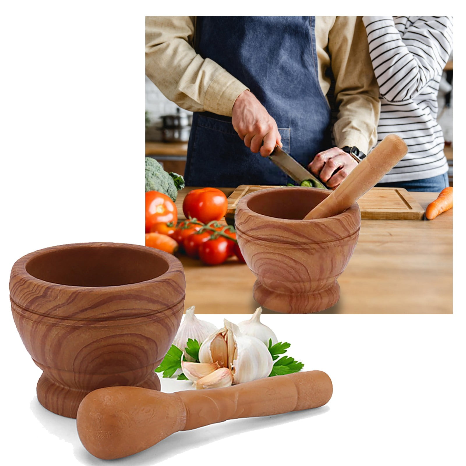 Kitchen Garlic Press Pestle And Mortar Natural Wooden 6.7 Inch Stone ...