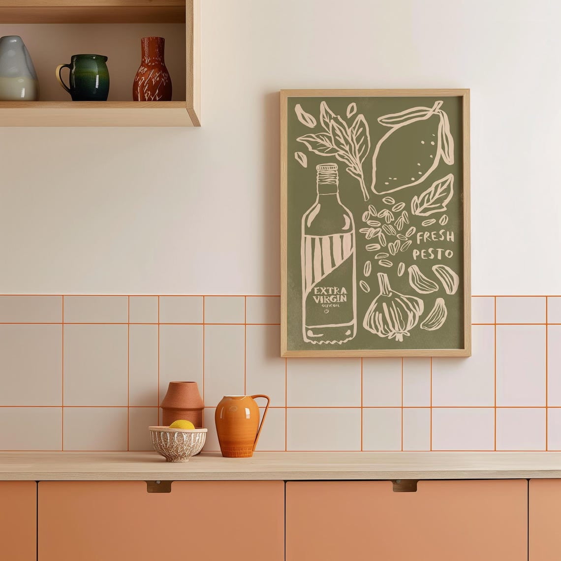 Pesto Pasta Recipe Artwork Wall Print Fresh Basil Illustration ...