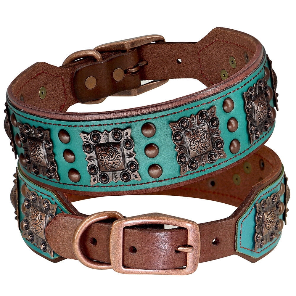 Pet Artist 2 Inch Wide Dog Collars Retro Studded Real Leather Large Pet ...
