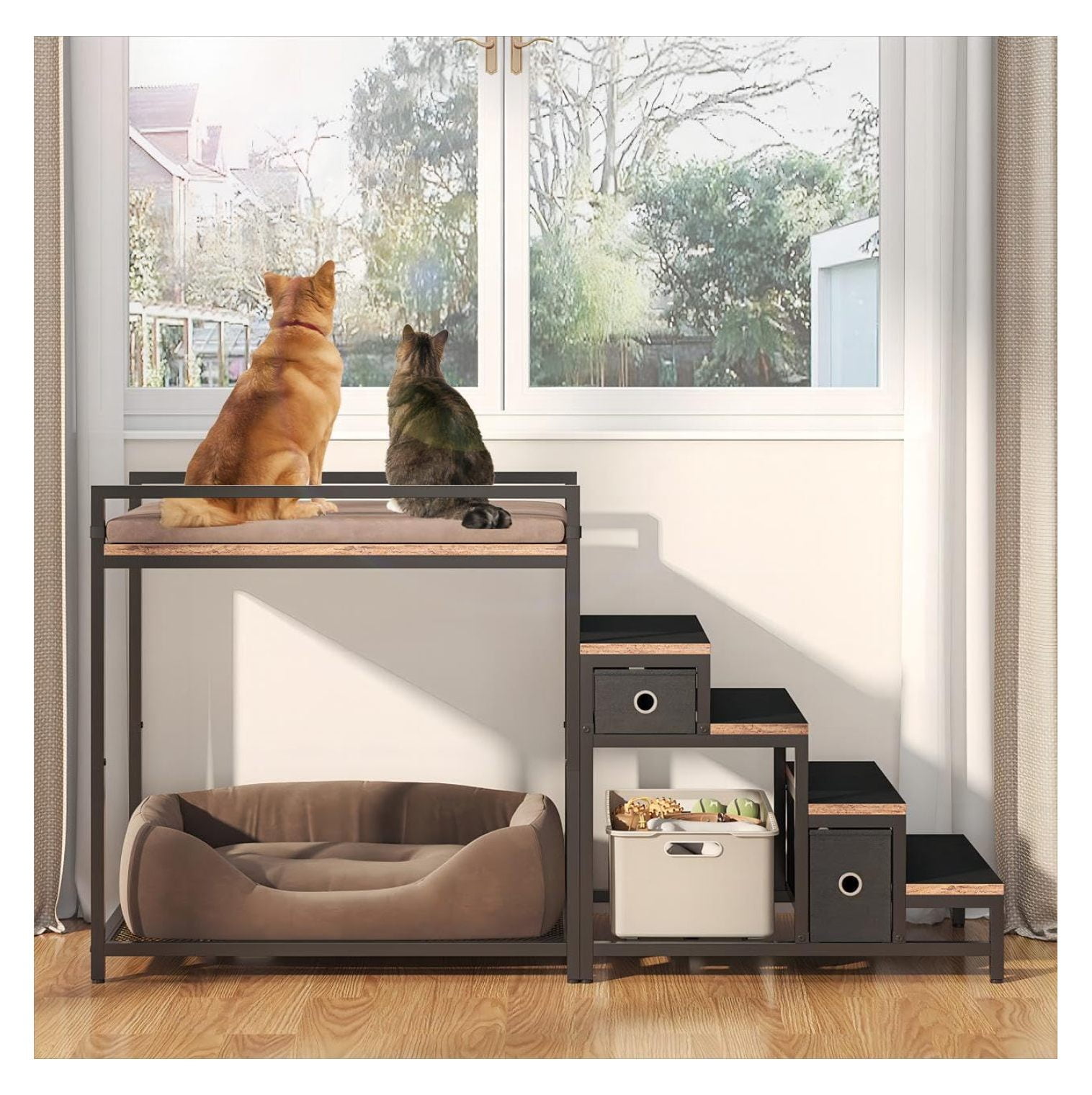 Pet Bunk Bed with Stairs and Storage, Dogs/Cats Window Perch, Bedside ...
