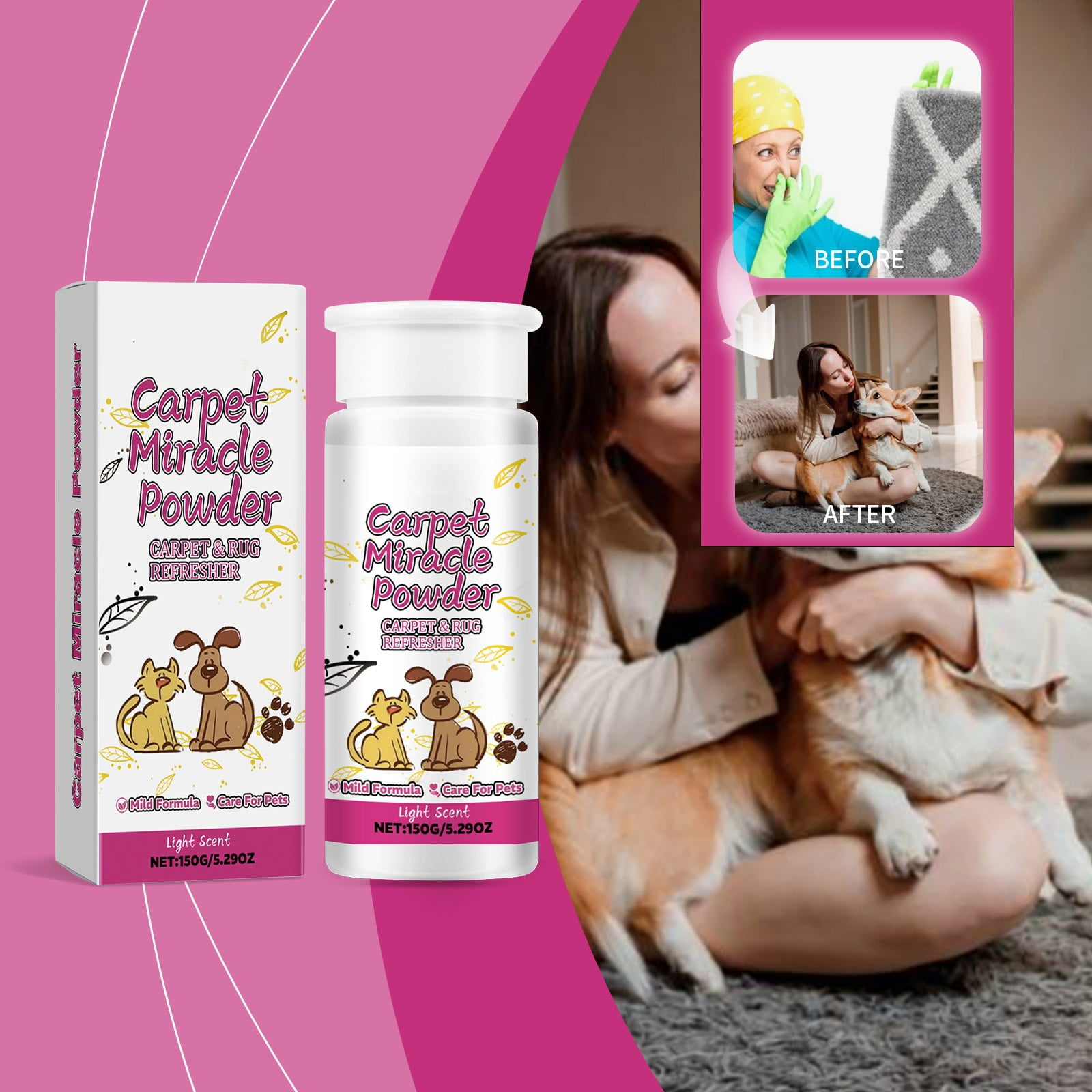 Pet Carpet Freshener Deodorizing Powder, Powerful Odor Removal, Safe ...