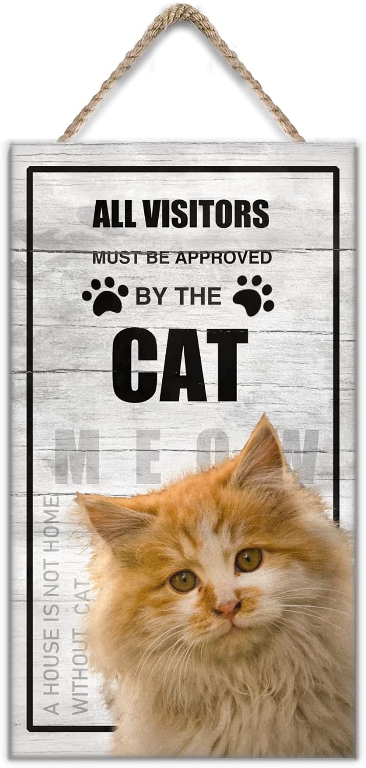 Pet Cat Funny Wooden Hanging Sign All Visitors Must Be Approved Poster ...