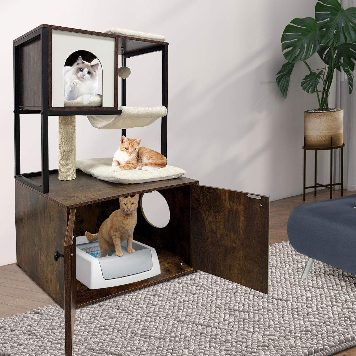 Pet Cat Litter Box Enclosure with Cat Tree, Corner Kitty Litter Box ...